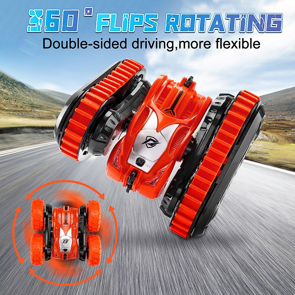 Makerfire Stunt Remote Control Car,2-in-1 Rc Cars 2.4GHz Double-Sided Driving 360° Flips Rotating with Headlights RC Crawler,4WD Car Toy Gift for Kids, Suitable for Playing on Grass,Sand,Snow-Orange