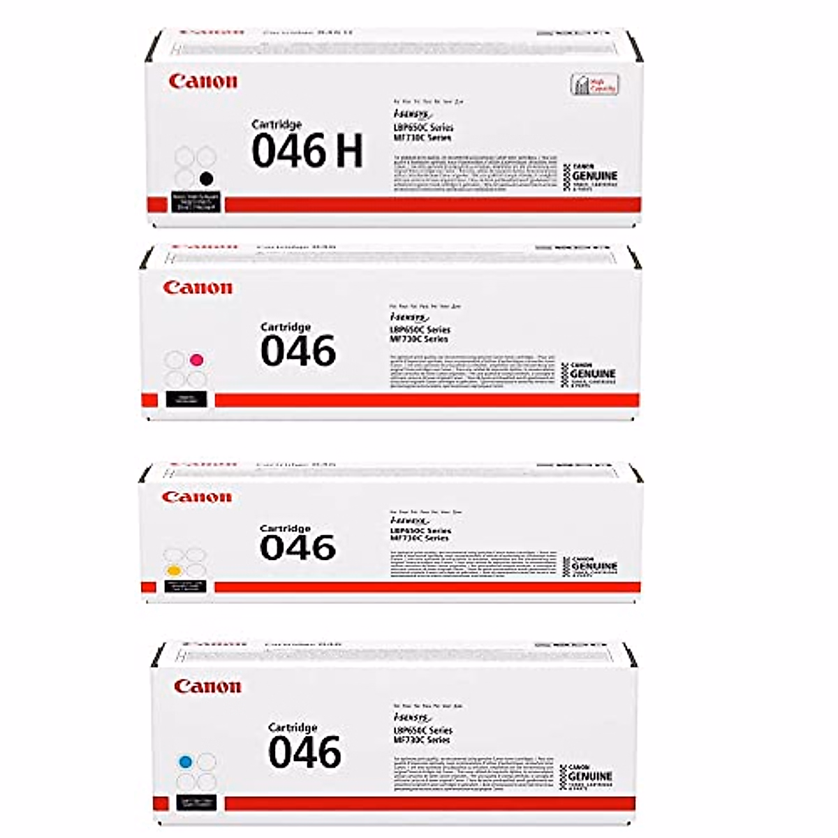 Canon 046 Toner Cartridge ImageCLASS LBP654Cdw, LBP654Cx, MF731Cdw, MF733Cdw, MF735Cdw - High Yield Black and Standard Yield Cyan, Magenta and Yellow - 4 Pack in Retail Packaging