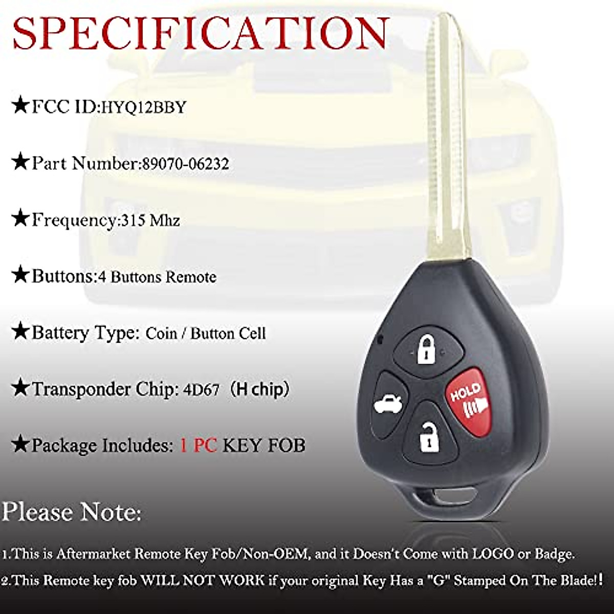 Key Fob Remote Replacement Fits for Toyota Camry 2007 2008 2009 2010 2011/Corolla 2009-2010 HYQ12BBY Keyless Entry Remote Control 89070-06232