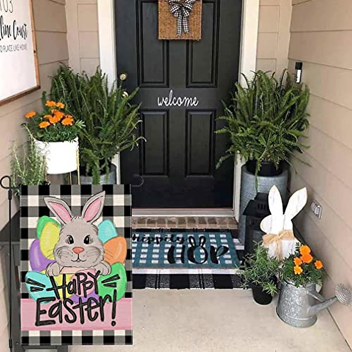 PANDICORN Happy Easter Garden Flag 12x18 Inch Double Sided, Black Buffalo Plaid Check Spring Easter Bunny Eggs Decorations, Small Vertical Welcome Holiday Decor for Outdoor Yard Garden