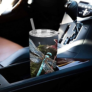 FHENMSA Stainless Steel Insulated Travel Coffee Mug,Blue Dragonfly Print Reusable Car Cup,Thermal Cup for Outdoor with Straw And Lid