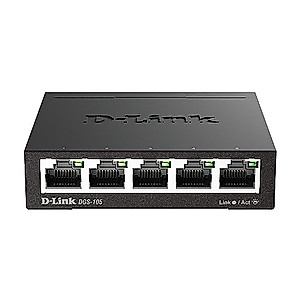 D-Link Ethernet Switch, 5 Port Gigabit Unmanaged Metal Desktop Plug and Play Compact (DGS-105),Black