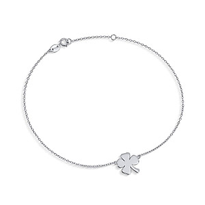 Four Leaf Shamrock Flower Anklet Lucky Charm Clover Ankle Bracelet For Women Teens Curb Link .925 Sterling Silver 9 To 10 Inch With Extender Adjustable