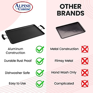 Alpine Cuisine Aluminum Griddle Pan 19x11in | Nonstick Coating & Heat Resistant | Gas Stove Griddle for Cookware with Double Handle - Ideal for BBQ & Serving Pancakes, Hand Wash - Gray