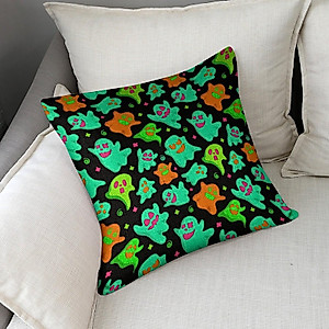 Happy Halloween Cute Ghost Throw Pillow Covers 18×18 Pillowcases Set of 2 Green Glitter Linen Decorative Square Pillow Case Cushion Covers Standard Size for Sofa Couch Outdoor Bed Pillow Protectors