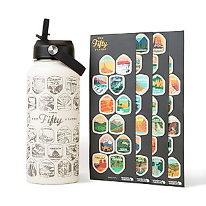 Wondery Official Fifty States Bucket List Travel Water Bottle with Waterproof Stickers and Straw | Cream 32 oz Engraved | Insulated Stainless Steel Vacuum Sealed | Leak Proof