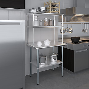 24" x 36" Stainless Steel Work Table with 18" Wide Double Tier Overshelf | Metal Kitchen Prep Table & Shelving Combo
