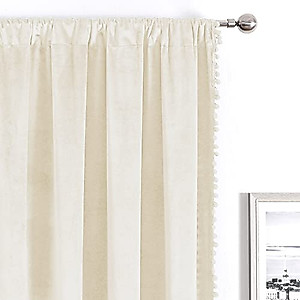 VANASEE Pompom Velvet Curtains for Bedroom Rod Pocket 52x84 inch Soft Blackout Window Curtains Room Darkening Drape Light Blocking for Living Room 2 Panels,Ivory