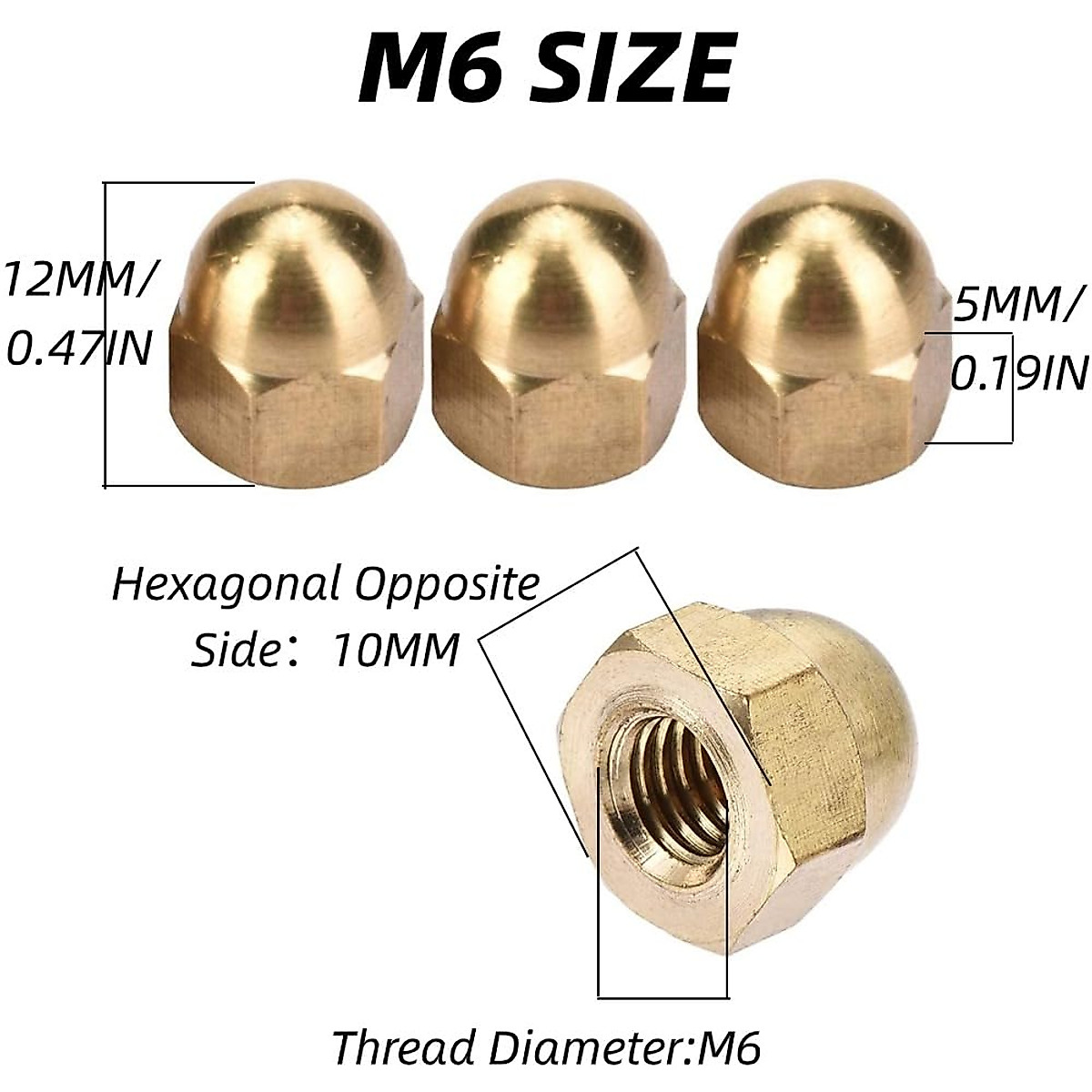 Brass Acorn Nut Kit Dome Head Hex Nuts Set Vehicle Fasteners M3- Fix Tires (M6, 20pcs)