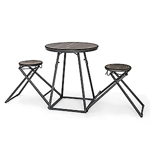 COSTWAY Bar Table and Stools Set of 3, Round Pub Bistro Table with 2 Foldable Stools, Heavy-Duty Steel Frame, Modern Table and Chairs Set for 2, Kitchen Dining Set for Apartment, Restaurant, Bar