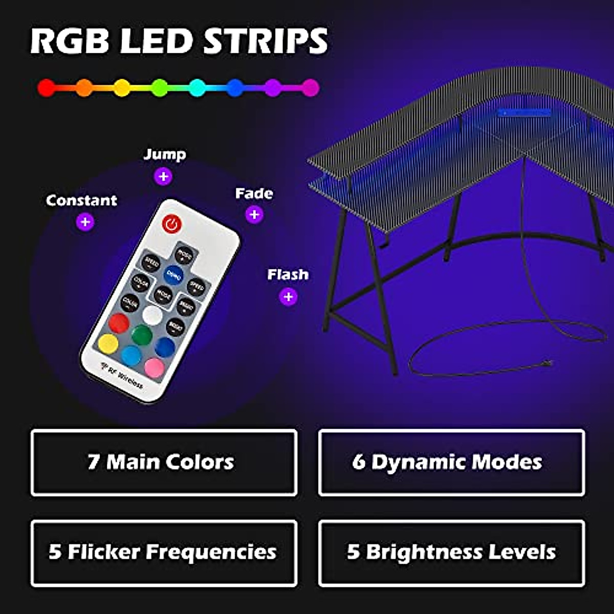 SUPERJARE L Shaped Gaming Desk with Power Outlets & LED Lights, Carbon Fiber Surface, Computer Desk with Monitor Stand, Home Office Desk Corner Desk with Cup Holder & Hooks, Black