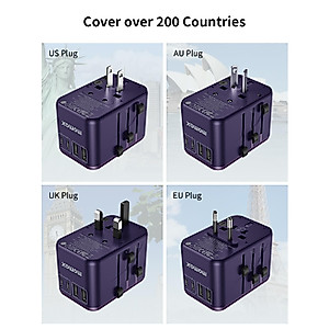 MOMAX Universal Travel Adapter, 70W GaN Travel Plug Adapter with UK,EU,AU,US Plugs, 3USB-C PD & 2USB-A QC International Adapter Charger, International Adapter for Laptops Phones Vision Pro, Purple