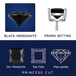MomentWish Black Stud Earrings, 2Carat Moissanite Princess Cut Stud Earrings, D Color VVS1 Simulated Black Diamond 925 Sterling Silver Solitaire Earrings