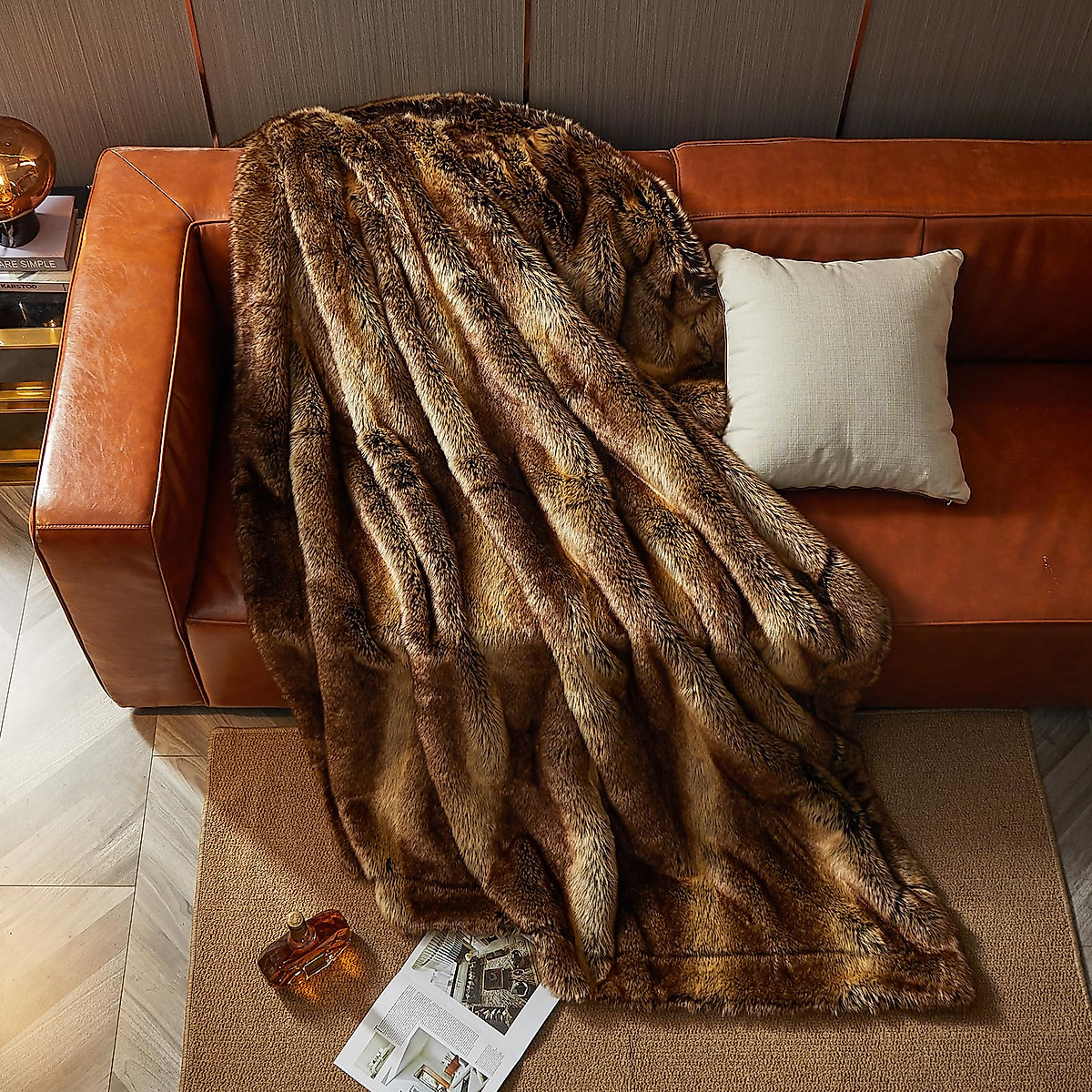 HOMFINE Luxury Faux Fur Blanket - Super Thick Warm Long Fluff Fuzzy Throw Blanket for Bed, Sofa, Couch, Home Decor with Soft Cozy Plush Velvet Back, 60"x80", Deluxe Brown