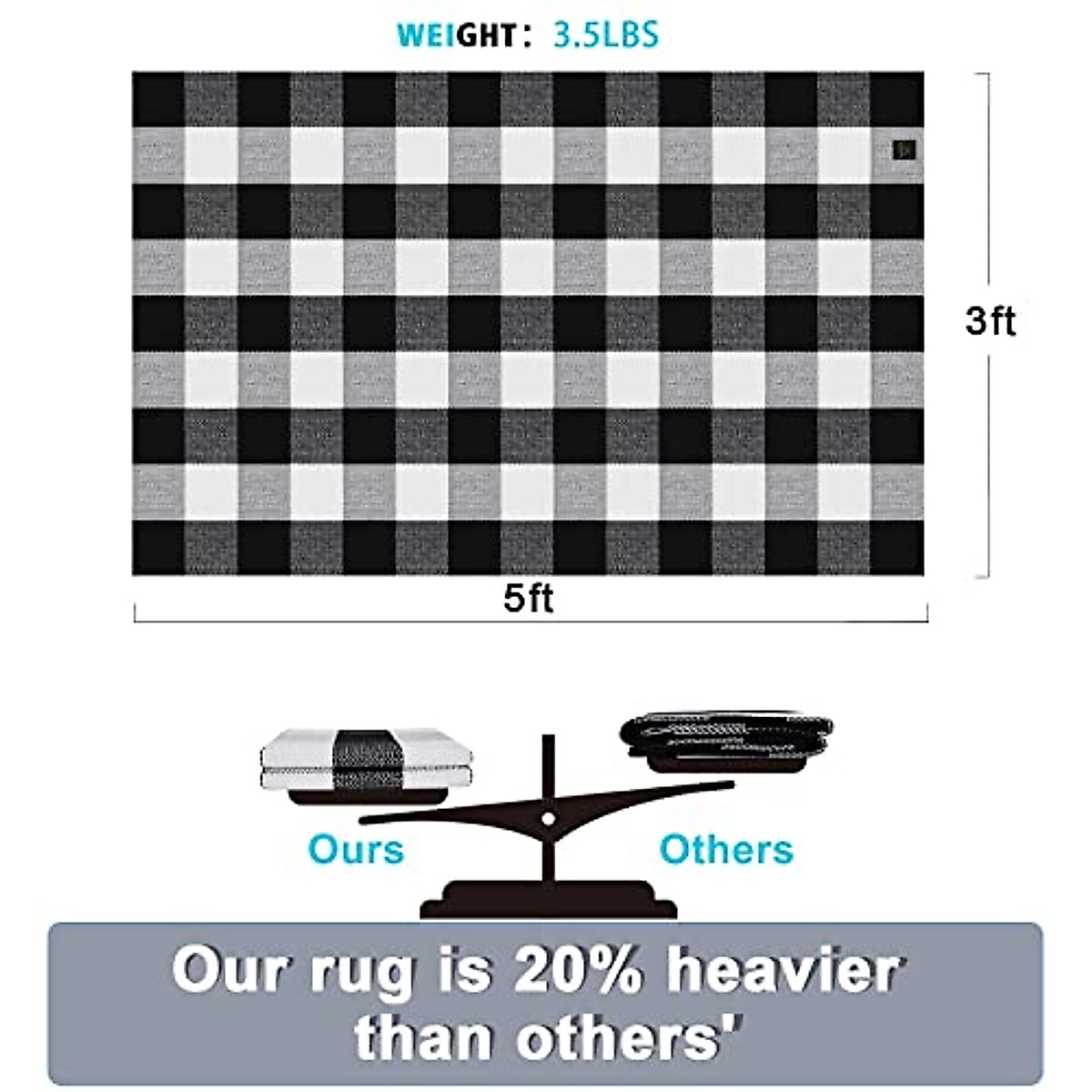 LulusVente Buffalo Plaid Outdoor Rug – 3’x5’ Machine Washable 3.5lbs Hotel Grade Thick Woven Yarn Black White Plaid Checkered Farmhouse Cotton for Indoor/Outdoor Front Porch Runner Layered Doormat