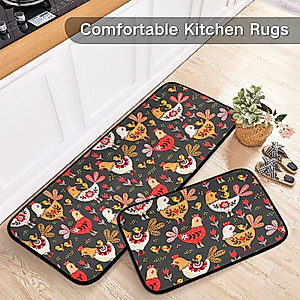 2 Piece Kitchen Rugs and Mats, Cute Rooster Chicken Cushioned Kitchen Mat Anti-Fatigue Comfort Floor Mat Non Slip Kitchen Rug Standing Mats for Kitchen, Sink, Bathroom, Laundry(20x47 Inch+20x28 Inch)