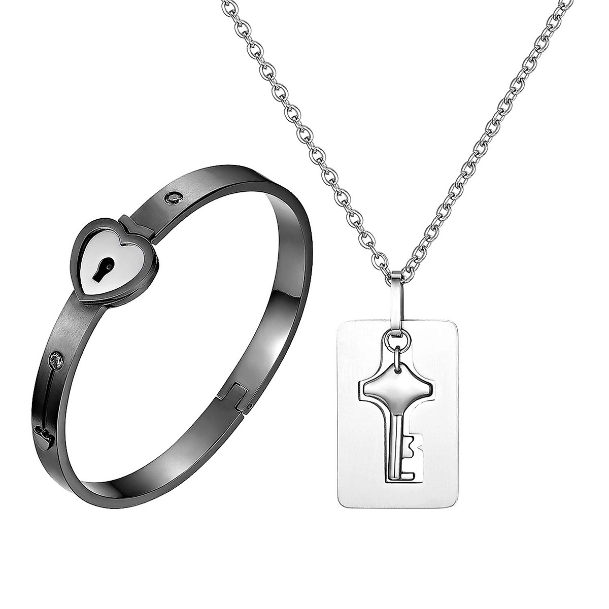 OIDEA His Hers Love Heart Key Lock Macthing Bangle Bracelet Tag Pendat Necklace for Valentines Day Gifts,Silver,Roseold (FBA NON ENGRAVING-Black)