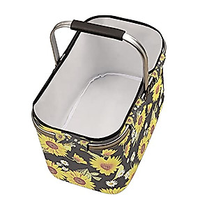 Yellow Sunflower Flower Collapsible Market Basket, Summer Daisy Floral Leakproof Folding Collapsible Portable Picnic Basket Strong Aluminum Frame for Travel, Shopping, Camping & Lake Trips
