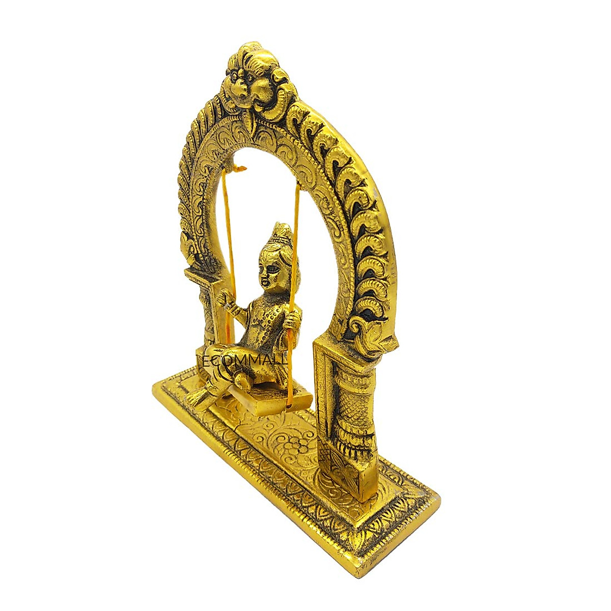 Ecommall Laddu Gopal Metal Solid Jhula Swing with Ladoo Gopal Murti Handicraft Showpiece Idol for Temple/Home/Office (Gold, Medium)