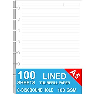 Junior Size Discbound Refill Paper - 8 Discs Discbound Paper, Lined Arc Paper Refill, 100gsm, Disc Paper Refill White Paper, 100 Sheets/200 Pages, 5.8 X 8.25 in