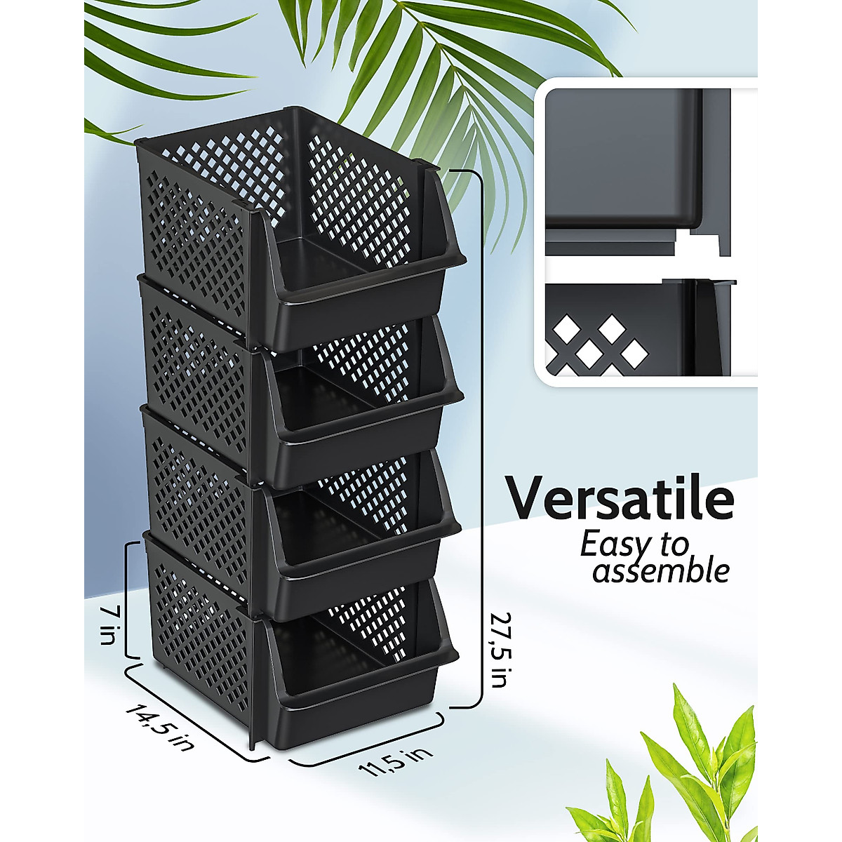 Skywin Plastic Stackable Storage Bins for Pantry - 4-Pack Black Stackable Bins For Organizing Food, Kitchen, and Bathroom Essentials