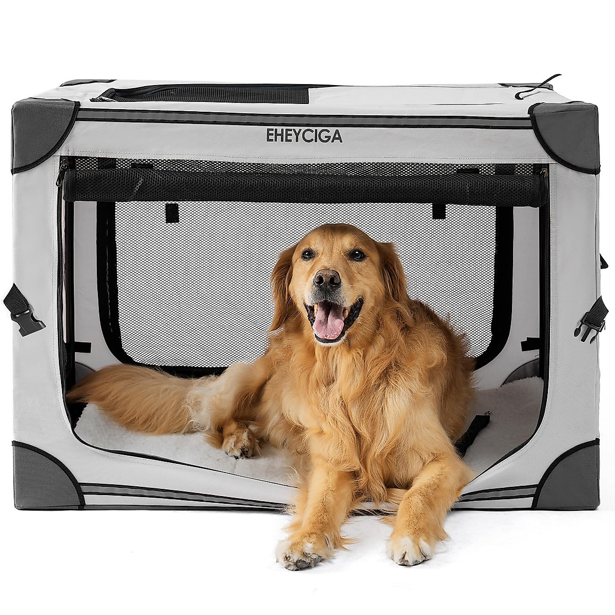 EHEYCIGA Portable Dog Travel Crate 36 Inches, Collapsible Dog Crate for Large Dogs, Soft Foldable Dog Kennel with 4-Door Mesh Windows Indoor & Outside, Grey