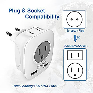 European Plug Adapter, Foval International Travel Power Adaptor with 2 USB, 4 in 1 US to Europe Travel Plug Adapter for France, Italy, Germany, Spain, Greece (Type C) (2 Pack)