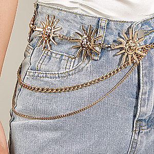 2-Layer Punk Rock Metal Waist Chain, Star Spice Body Chain, Belt Dress Chain, Vintage Fringe Sun Chain Gothic Accessory (Golden Sun)