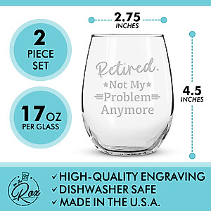 Retirement Gifts for Women - 17 Oz Retirement Stemless Wine Glass Set of 2 - Funny Retired Wine Glass Gifts - Christmas Gifts For Government Retirees - Cool Retirement Gifts for Retired Mom