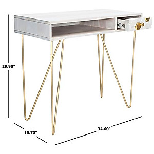 Safavieh Home Office Collection Raveena White Wash and Brass 1-Drawer Hairpin Leg Desk, 0