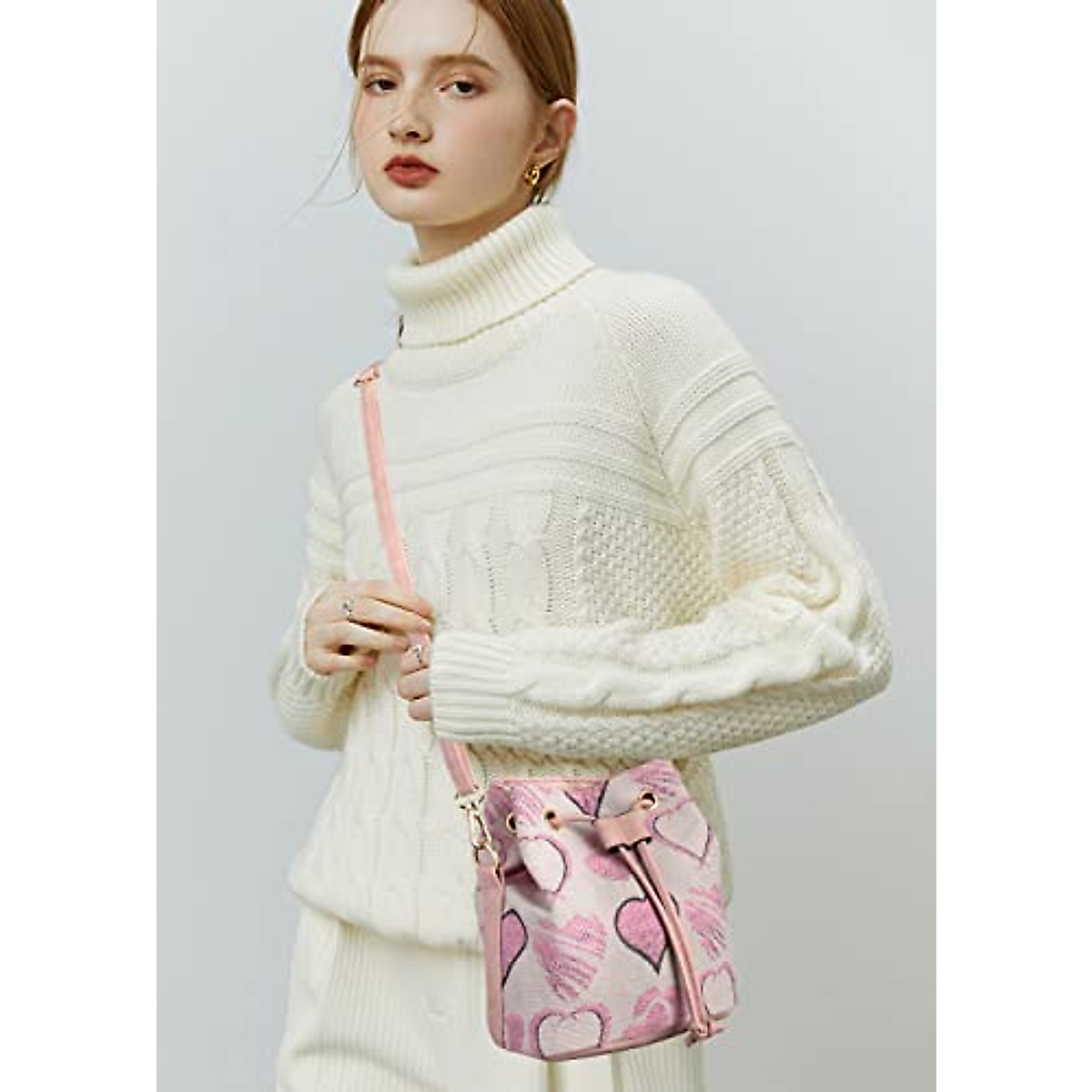 ZLM BAG US Women Girls Faux Leather Drawstring Bucket Bag Pink Heart Print Hobo Shoulder Purse Mini Crossbody Bag