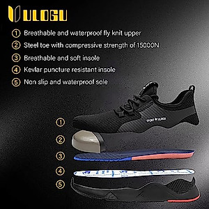 ulogu Waterproof Steel Toe Shoes for Men Lightweight Non-Slip Sneakers Comfortable Puncture Proof Shoes Indestructible Work Shoes Zapatos Punta de Acero para Hombres Black