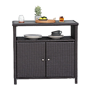 Grand patio Wicker Storage Cabinet Outdoor Waterproof Buffet Cabinet Patio Bar Table with Two Doors and Shelves Wicker Sideboard for Garden Kitchen Pool Dark Brown