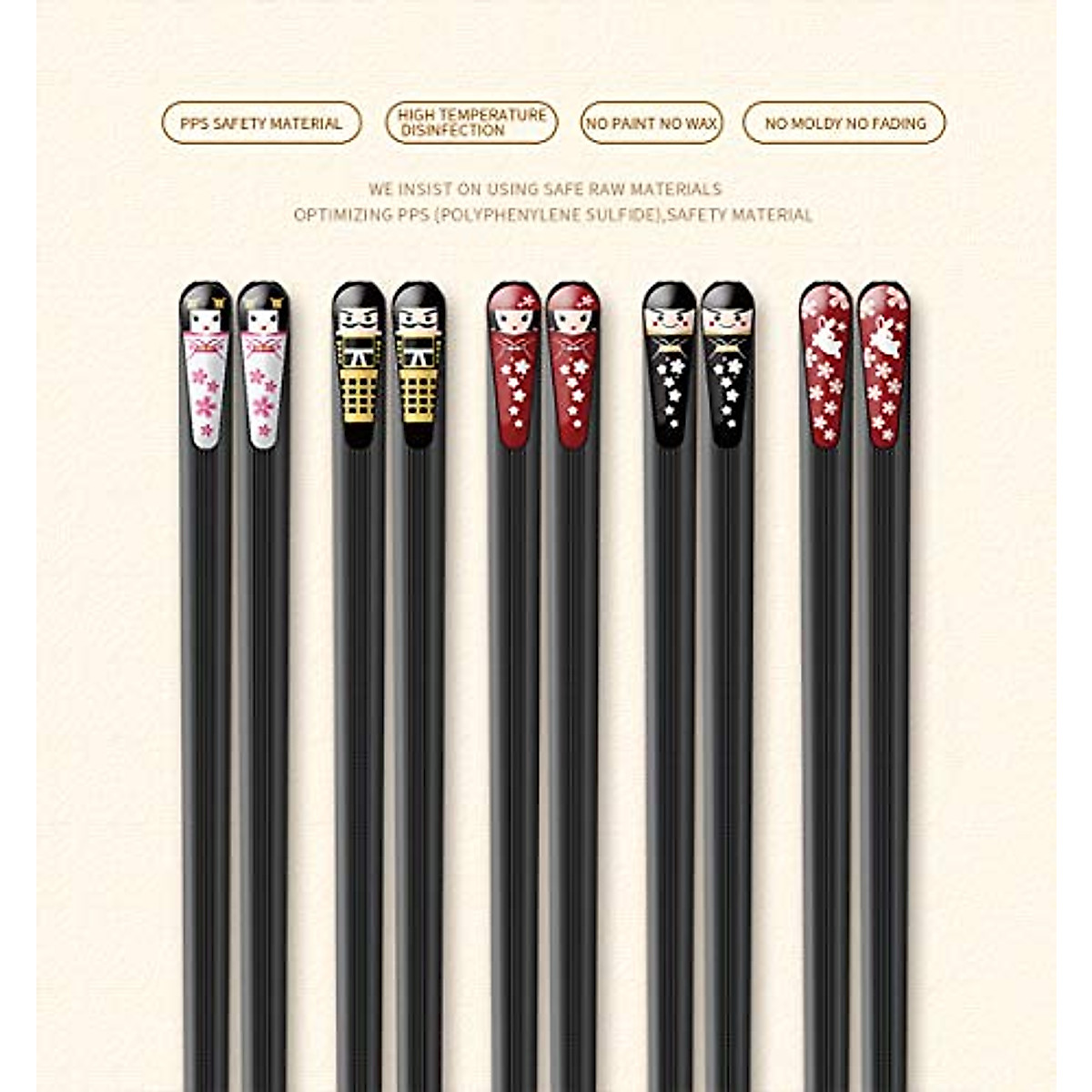 Fiberglass Chopsticks Reusable Korean Japanese Chinese Chop sticks, 5 Pairs 9 1/2 inch Black, Dishwasher safe, Non-slip Stripe gift-box Pack Cool Chopstick