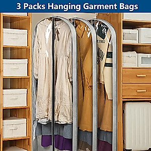Belinlen 3 Pack 60" Long Garment Bags for Hanging Clothes Storage, Clear Moth Proof Suits Covers with 4" Gussets for Closet Storage Travel, Plastic Protector for Dress Gowns, Coats, Suit, Down Jacket