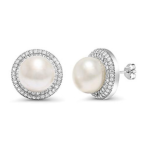 Gem Stone King 925 Sterling Silver 9MM Cultured Freshwater Pearl Button Stud Earrings For Women