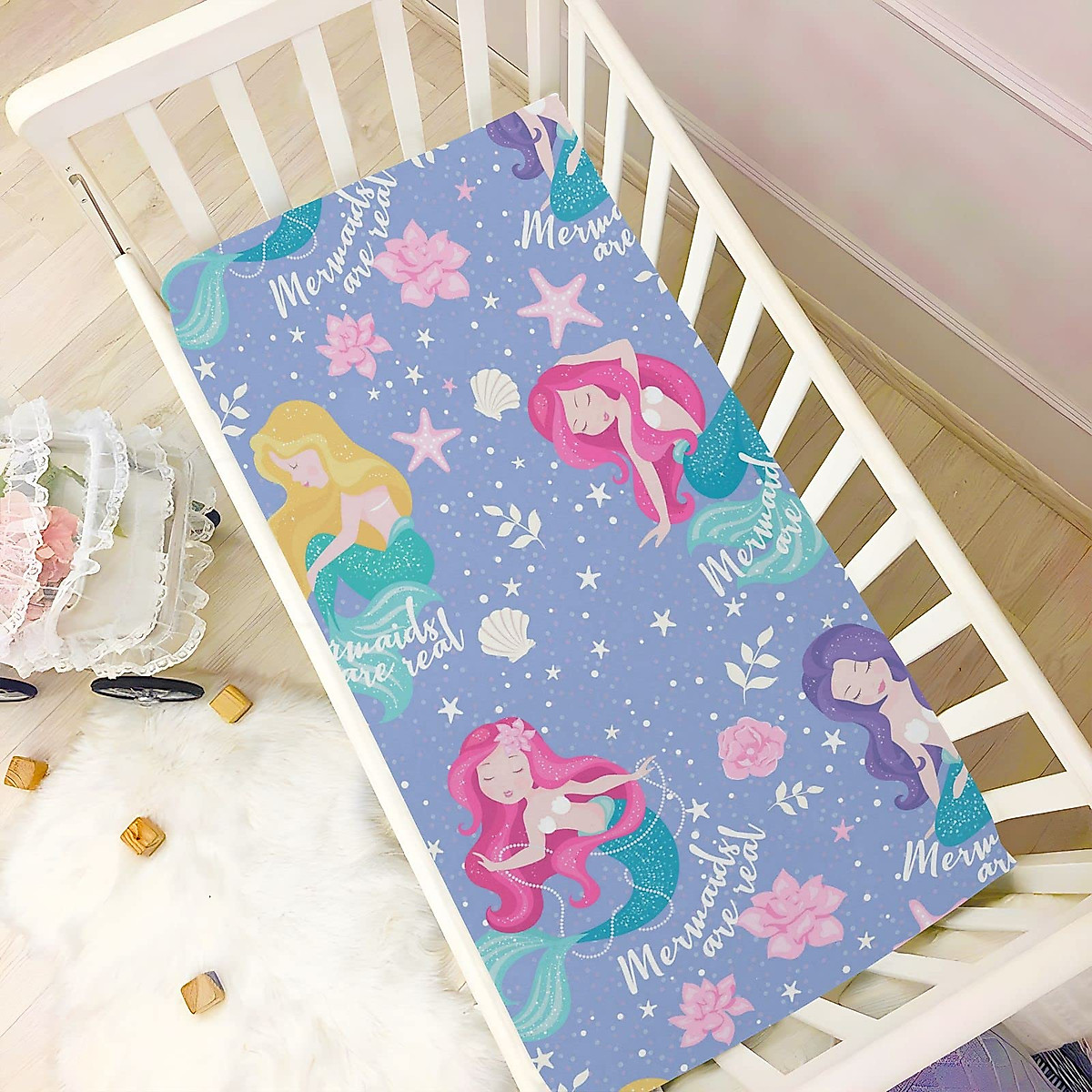 Baby Fitted Mini Crib Sheets Portable Playard Sheets Stretchy Cute Mermaid Starfish Girl Soft Modal