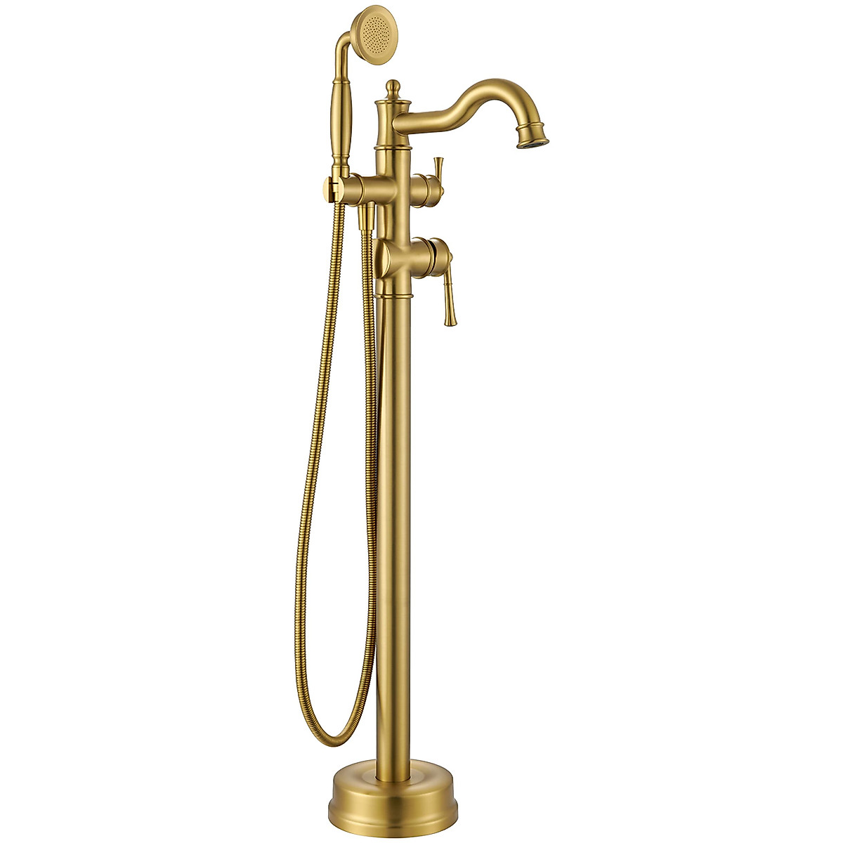 WINKEAR Freestanding Floor Mount Tub Filler with Handheld Shower Roman Bathtub Faucet by Brushed Gold Finish, Swivel Spout with Brass Rough-in and Water Hose