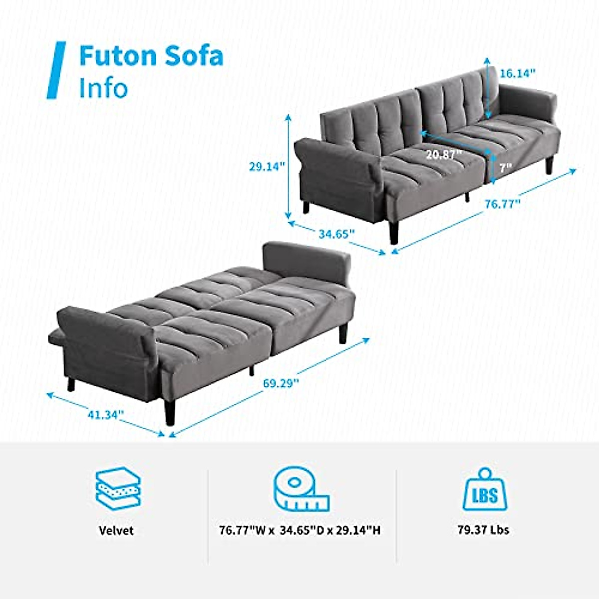 Mjkone Modern Futon Sofa Bed, Velvet Loveseat Sleeper Sofa Bed with Adjustable Backrest, Futon Couches for Living Room, Folding Bed Futons with Adjustable Armrests - Light Gray