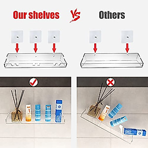 XQIGI Acrylic Shelves Bathroom 2 Pack Clear Shower Floating Shelf with Hooks Transparent Wall Mounted No Drilling Thick Storage Display Shelving (2 Pcs Shelves)