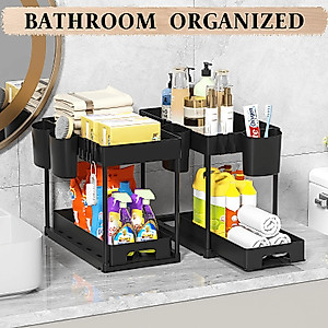 2 Pack Under Sink Organizers and Storage with Under Sink Mat, 2 Tier Black Pull Out Bathroom Cabinet Organizer , Cabinet Organizer with Hooks and Hanging Cups for Home Bathroom Kitchen Organization