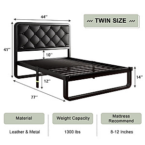 Feonase Twin Bed Frame, Upholstered Platform Bed Frame with Heavy-Duty Steel Slats, Diamond Tufted Headboard, 12" Storage Space, No Box Spring Needed, Noise Free, Easy Assembly, Black