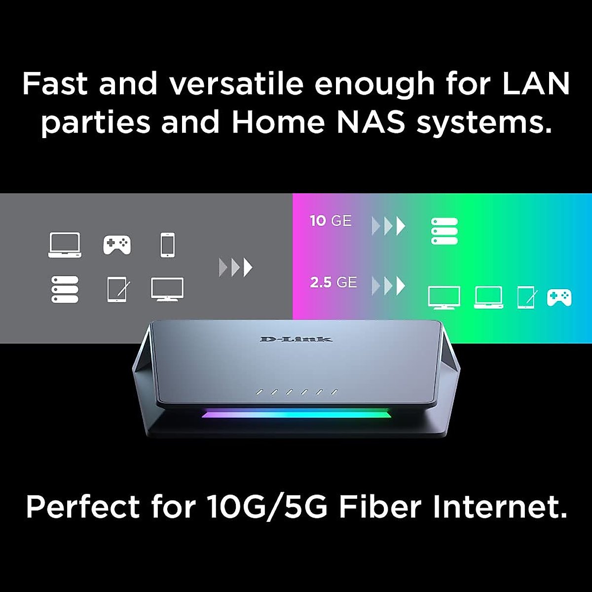D-Link 6-Port 10Gb & 2.5Gb Unmanaged Gaming Switch with 1 x 10G, 5 x 2.5G - Multi-Gig, Network, Fanless, Plug & Play, Colored Indicator (DMS-106XT)