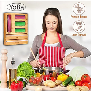 YoBa Bamboo Ziplock Bag Organizer for Drawer with Plastic Wrap Dispenser, Compatible with Gallon, Quart, Sandwich, Snack and Aluminum Foil Roll