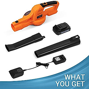 WISETOOL 20V Cordless Leaf Blower with Battery and Charger, Leaf Blower Battery Operated, Rechargeable Electric Handheld Leaf Blower Variable Speed With 2 Tubes For Patio, Leaves & Snow Blowing-Orange