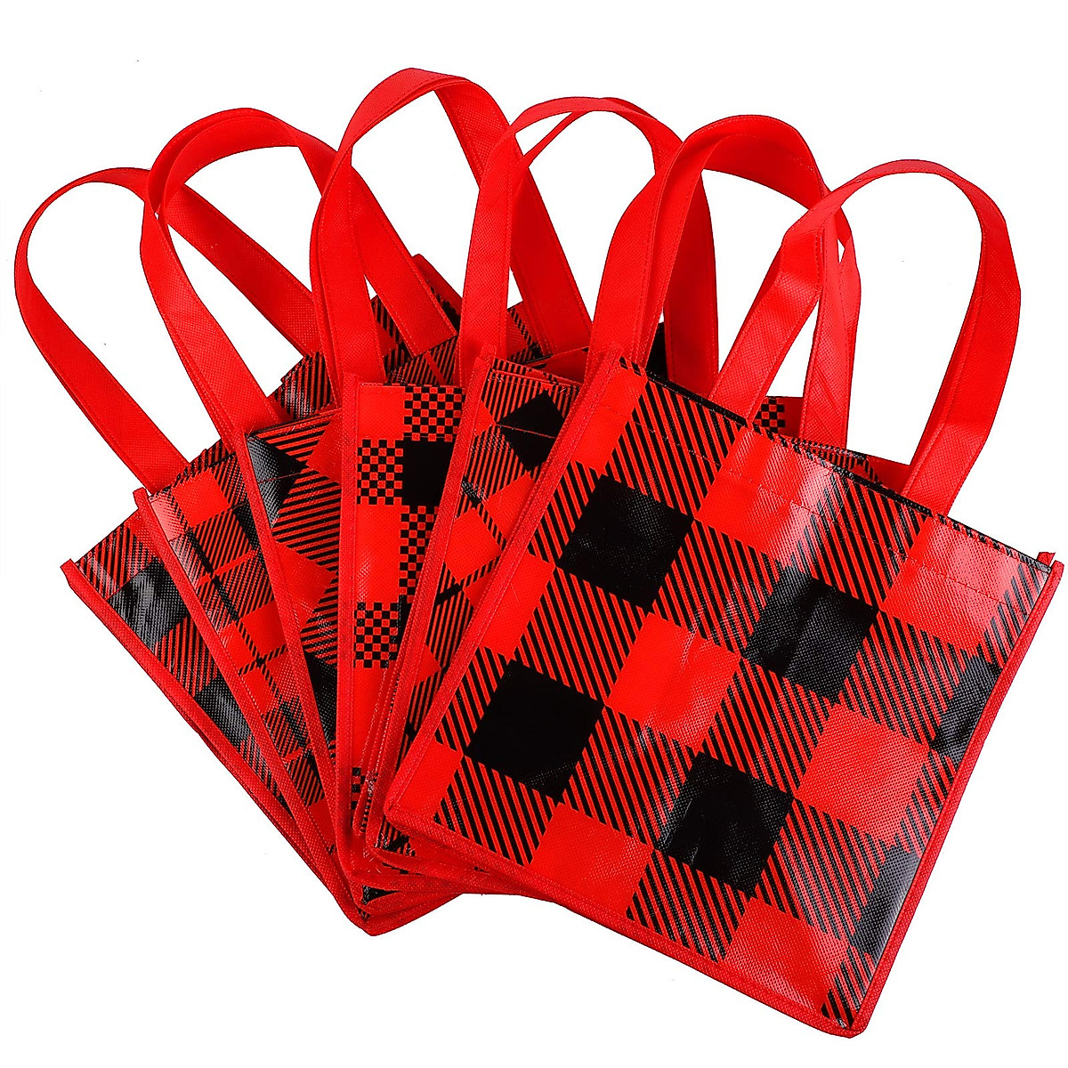 Aneco 12 Pieces Christmas Gift Bags Red and Black Plaid Reusable Non-woven Bags Christmas Treat Bags Tote Bag with Handles 9.8 x 7.9 x 9.8 Inch Party Favors