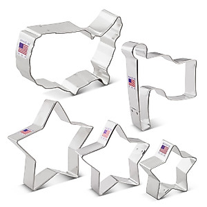 4th of July Memorial Day Patriotic Cookie Cutters 5-Pc. Made in USA by Ann Clark, Stars, Flag, America Map