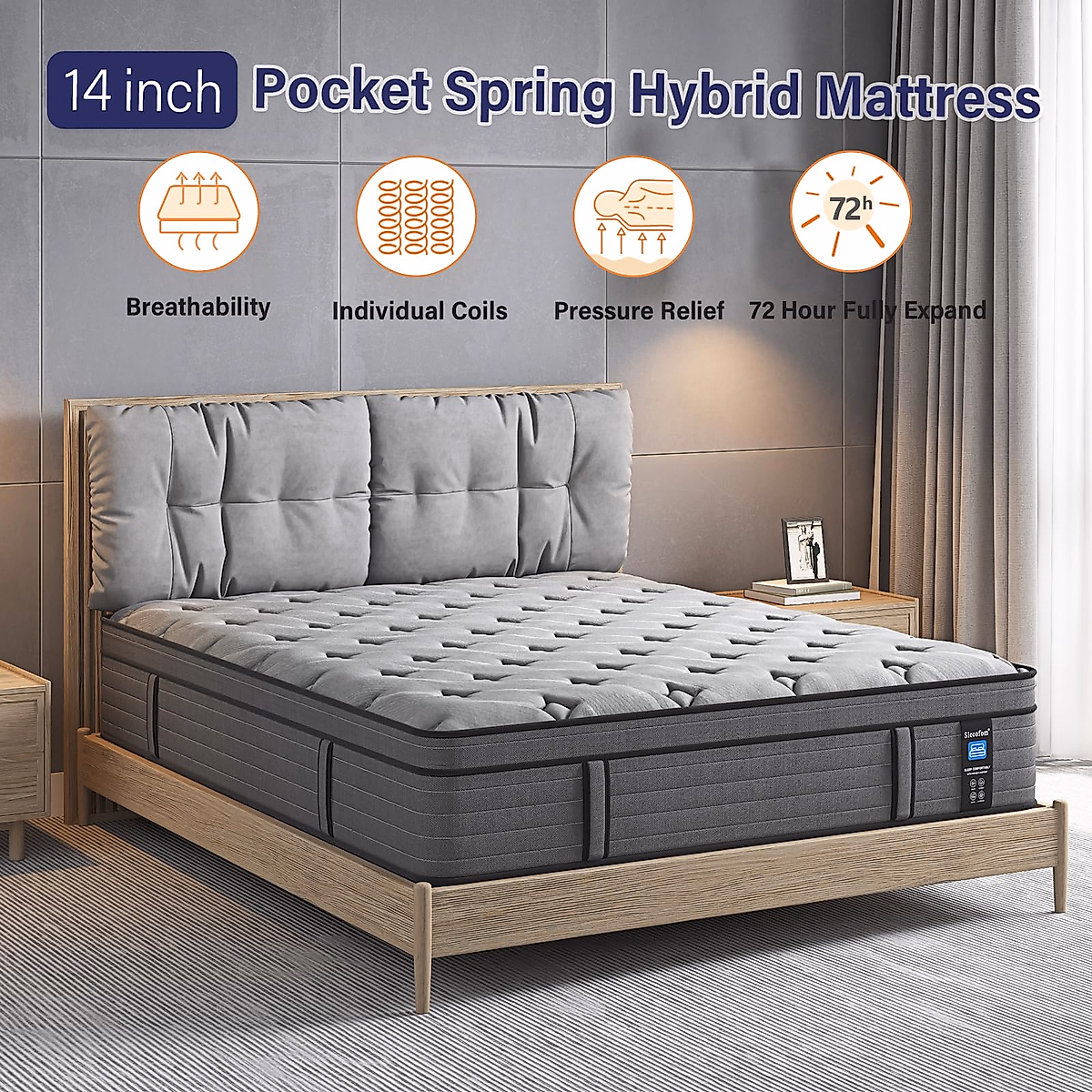 Slecofom 14 Inch King Mattress, Firm Hybrid King Size Mattress in a Box, Pressure Relief Cool Gel Memory Foam, Breathable Knitted Cover, Pocket Spring with Motion Isolation, Fiberglass-Free