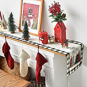 Artoid Mode Waterclor Buffalo Plaid Christmas Trees Merry Xmas Table Runner, Seasonal Winter Holiday Kitchen Dining Table Decoration for Indoor Outdoor Home Party Decor 13 x 72 Inch