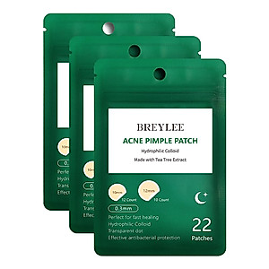 BREYLEE Acne Patches, Tea Tree Pimple Patches Acne Dots Acne Absorbing Cover Pimple Healing Sticker Acne Treatment Hydrocolloid Acne Patch (3 Pack, 66 Count)